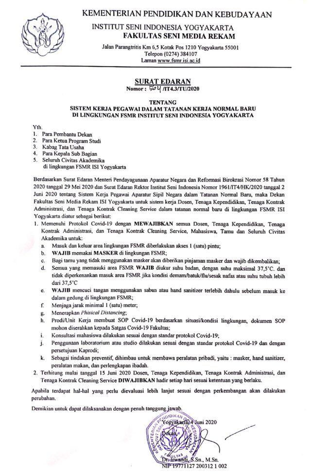 SURAT EDARAN DEKAN FSMR ISI YOGYAKARTA TENTANG SISTEM KERJA PEGAWAI DALAM TATANAN KERJA NORMAL ...