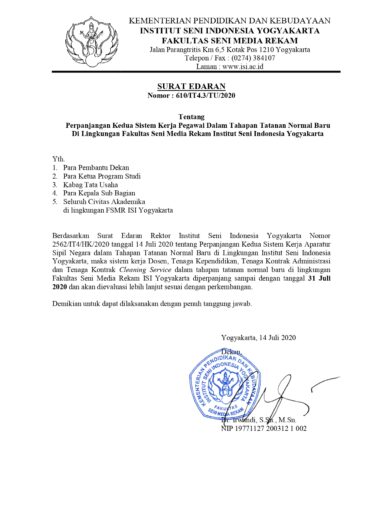 SURAT EDARAN DEKAN FSMR ISI YOGYAKARTA TENTANG PERPANJANGAN KEDUA SISTEM KERJA PEGAWAI DALAM ...